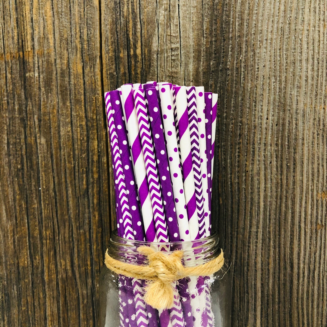 100 Purple Paper Straws, Purple Dot, Stripe, Chevron Party Straws, Baby ...