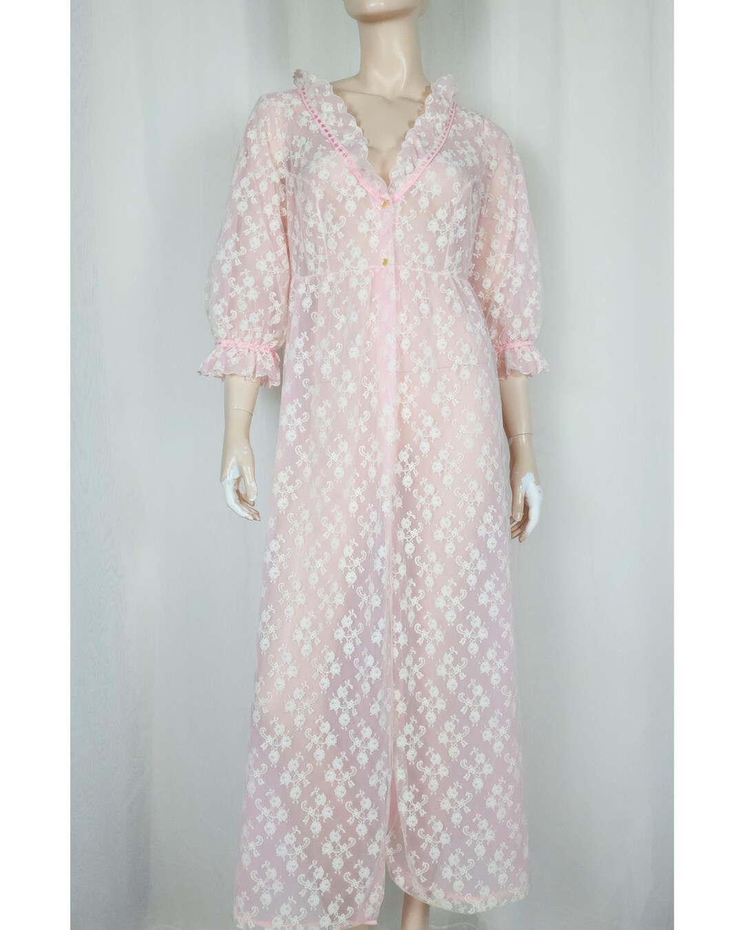 Vtg 60s 70s Slumber Suzy Sheer Lace Ruffle Peignoir Lingerie Robe Pink ...