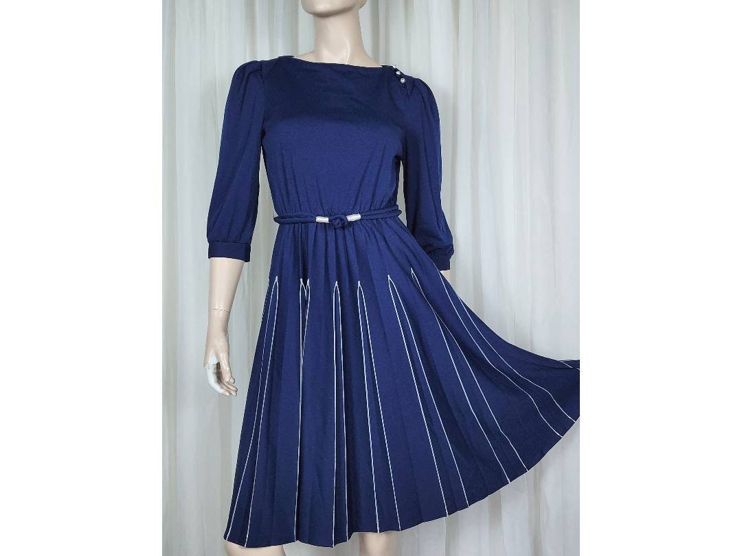 Vintage Navy Blue Painted Godet Pleated Belted Day Dress S - Etsy