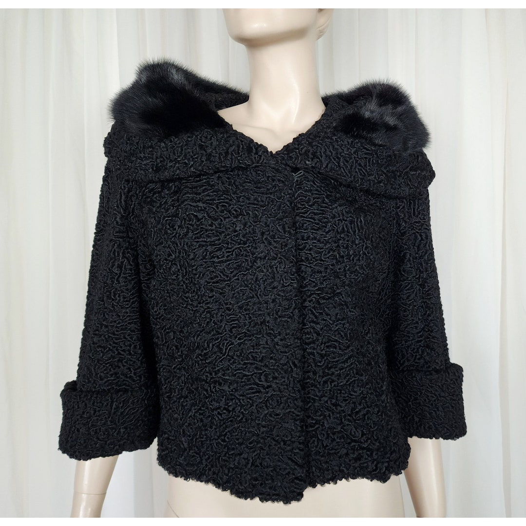 RESERVED 50s Black Persian Curly Lamb Mink Fur Cropped Short Coat XS/S ...