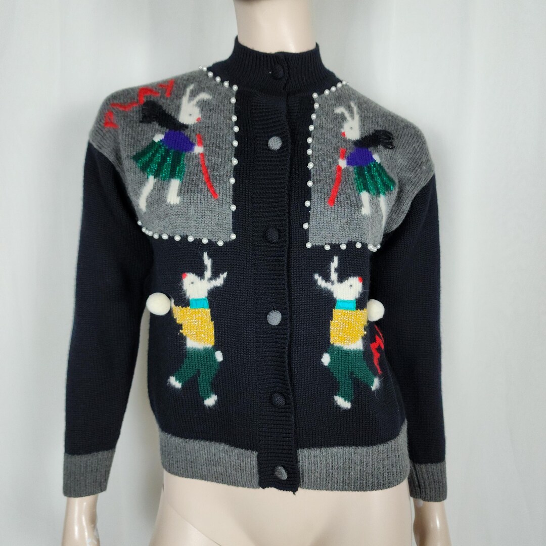 Vtg Novelty Rabbits Playing Wool Blend Cardigan Sweater M-L - Etsy