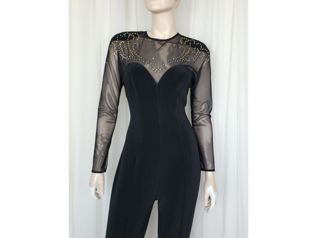 Vtg 80s Sheer Mesh Studded Catsuit Stirrup Pant Black Bodycon - Etsy