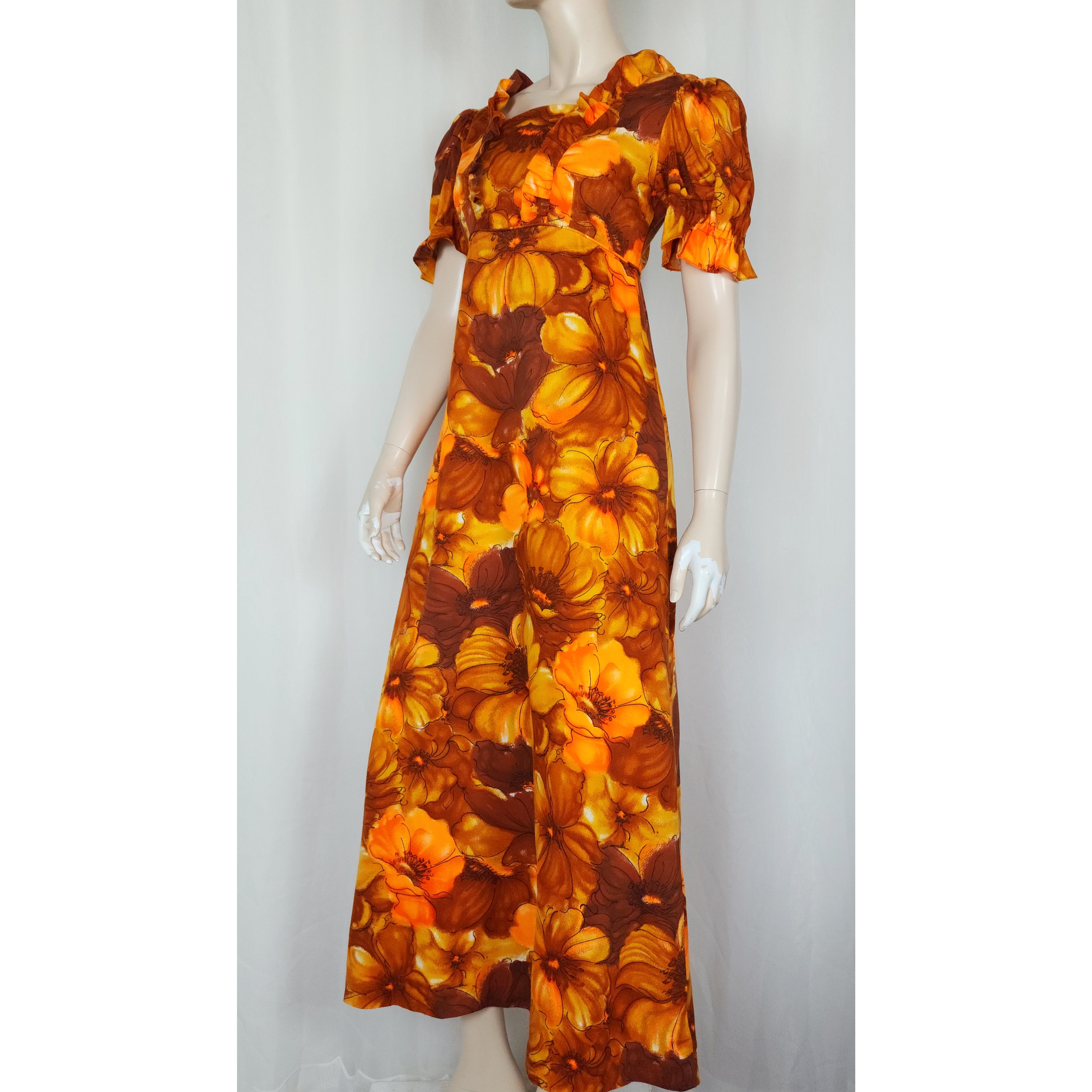 Vtg Hawaiian Barkcloth Maxi Dress Brown Orange Floral S/M - Etsy