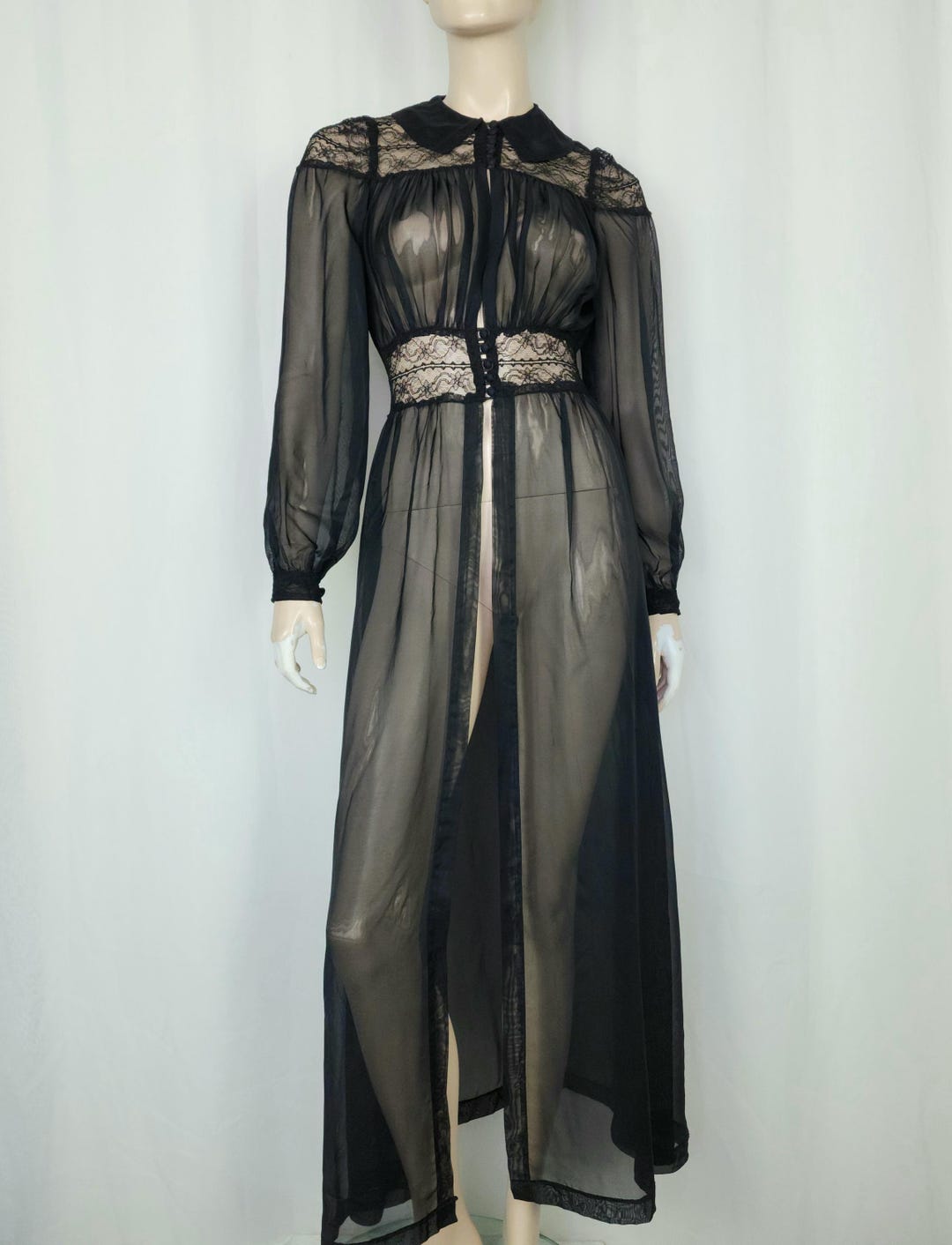 Vtg 40s Sheer Peekaboo Lace Boudoir Dressing Gown Robe Black XXS/XS - Etsy