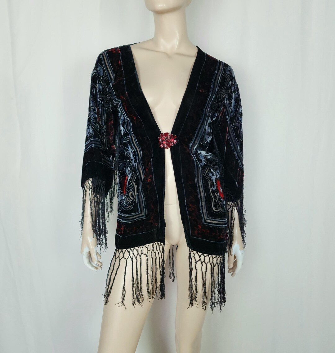Vtg Burnout Velvet Piano Fringe Kimono Jacket XS-L - Etsy