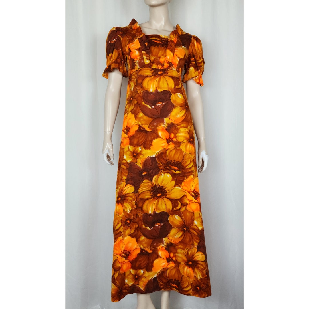 Vtg Hawaiian Barkcloth Maxi Dress Brown Orange Floral S/M - Etsy