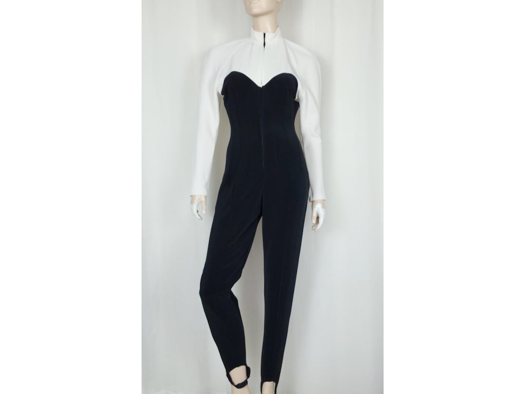 Vtg 80s Catsuit Stirrup Pant Bodycon Jumpsuit White Black XS-S - Etsy
