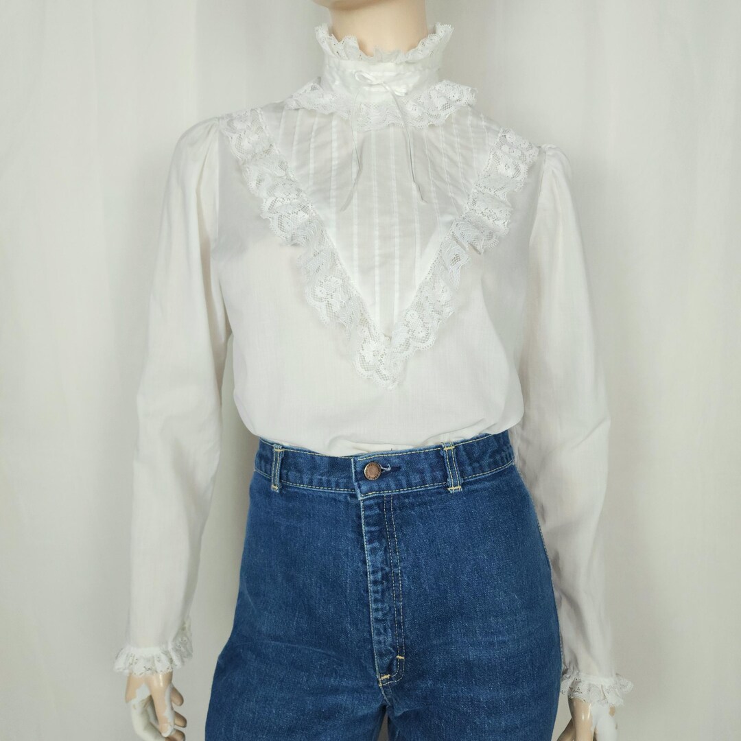 Vtg 80s High Neck Ruffle Lace Prairie Blouse M/L - Etsy