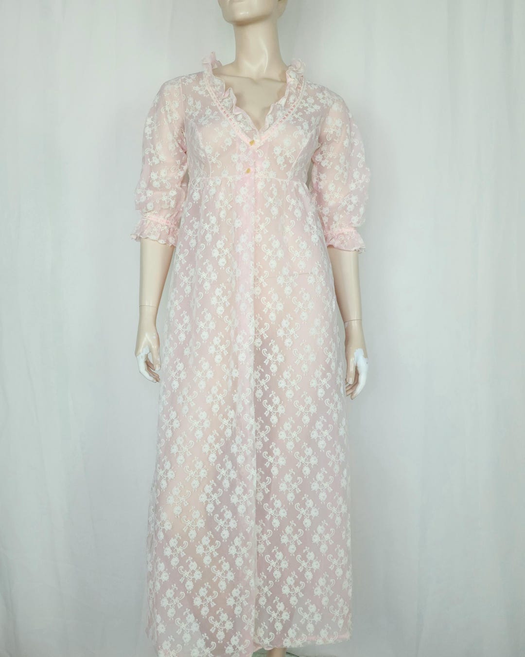 Vtg 70s Slumber Suzy Sheer Lace Nylon Peignoir Dressing Robe Pink XS/S ...