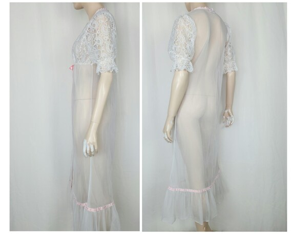 Vtg 70s 80s Sheer Peignoir Robe Lace Nylon White XS/SM - Gem