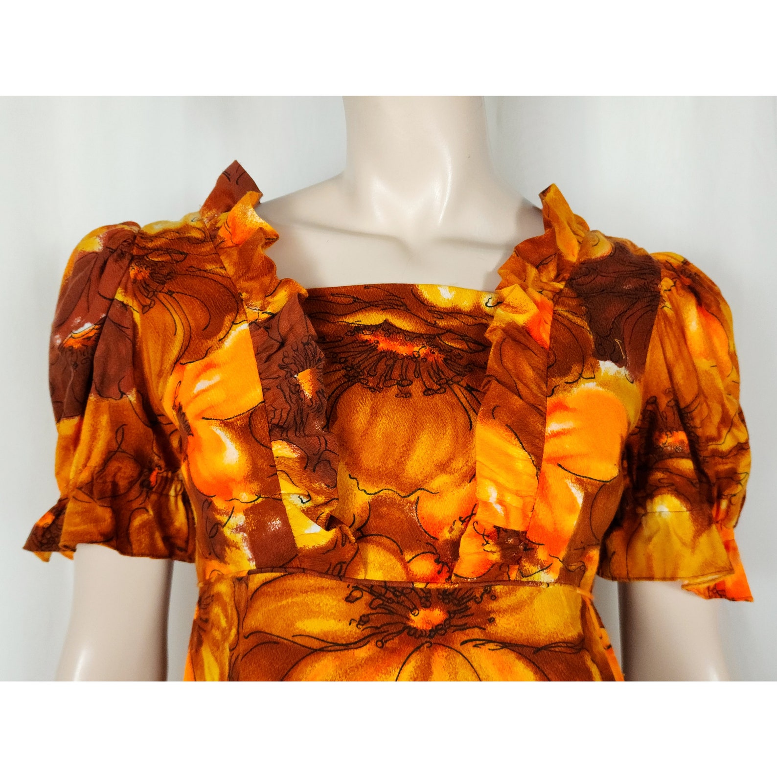 Vtg Hawaiian Barkcloth Maxi Dress Brown Orange Floral S/M - Etsy