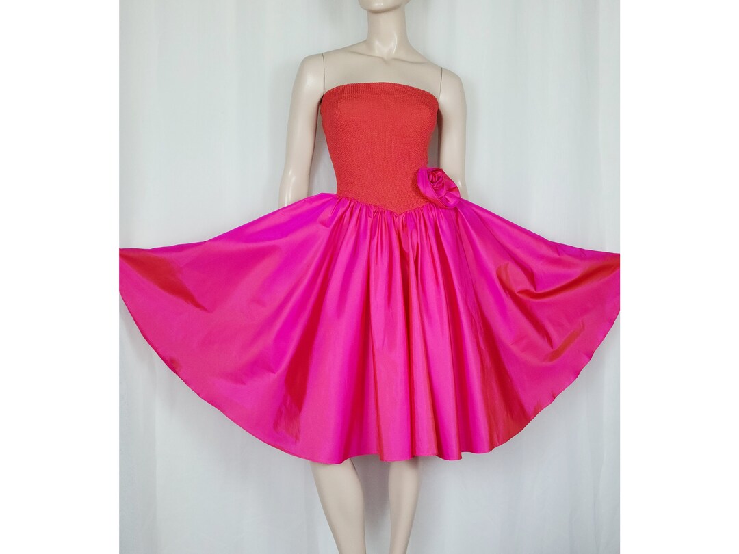 Vtg 80s Tube Top Taffeta Full Circle Skirt Party Dress XS/SM Pink ...