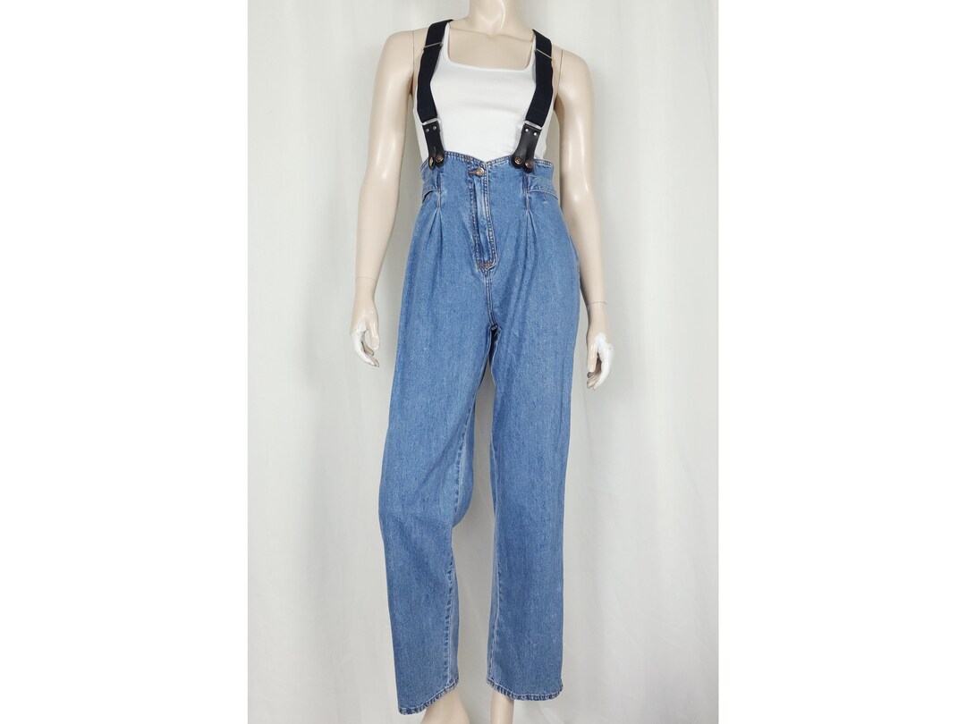Vtg 80s Squeeze Denim Pleated High Waist Suspenders Jeans SM - Etsy
