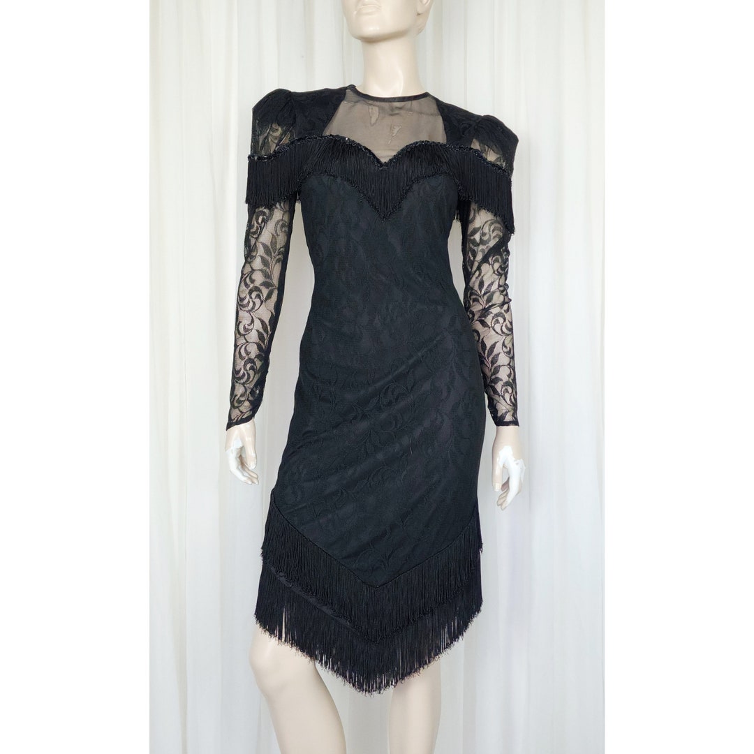 Vtg 1980s Black Lace Fringe Puff Shoulder Open Back Party Dress S/M - Etsy