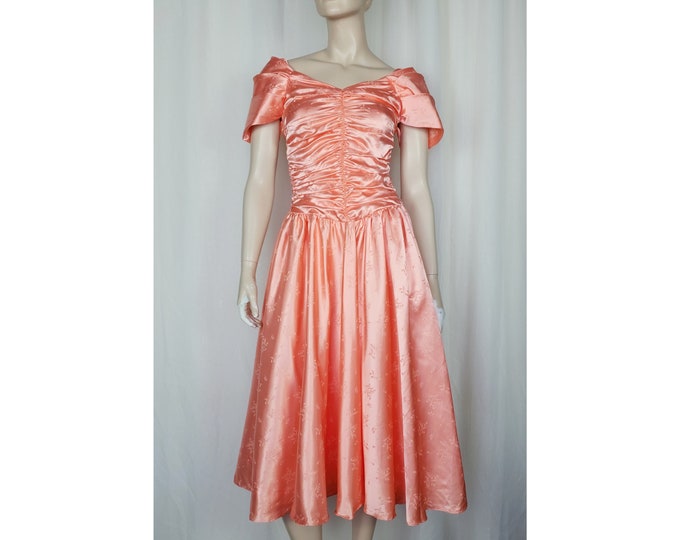 Vtg 80s Peach Satin Floral Ruched Party Dress XS - Etsy