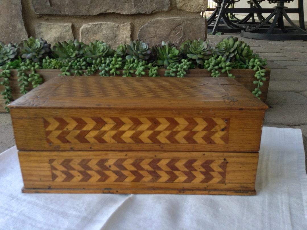 Antique Marquetry Inlaid Handmade Wooden Box, Artist Signed "june ...