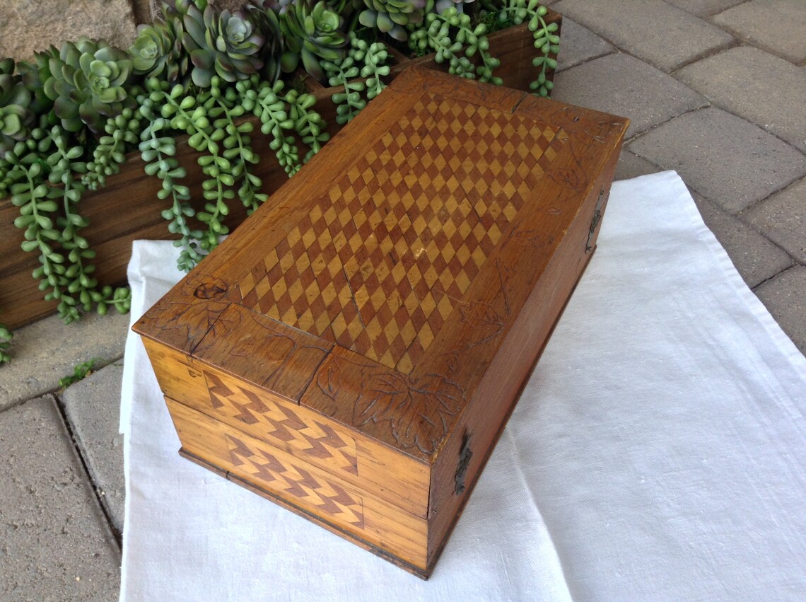 Antique Marquetry Inlaid Handmade Wooden Box Artist Signed | Etsy