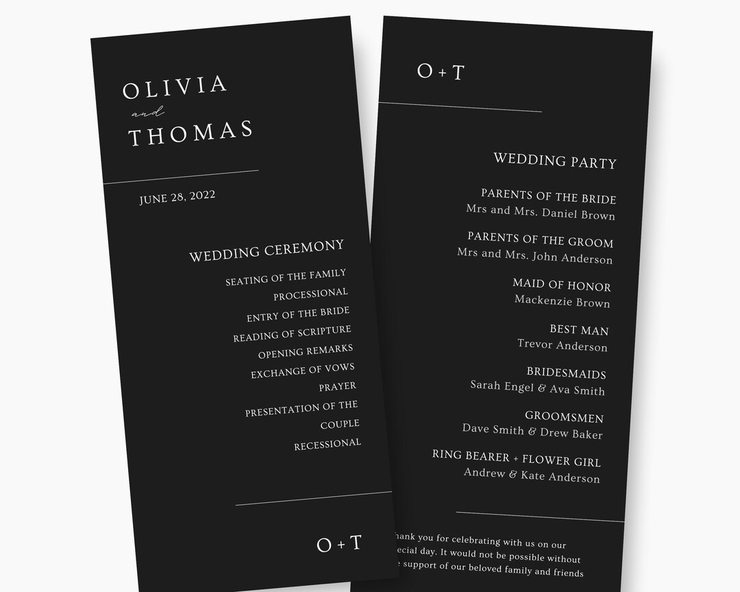 Modern Black Wedding Program, Canva Template, Editable Wedding ...