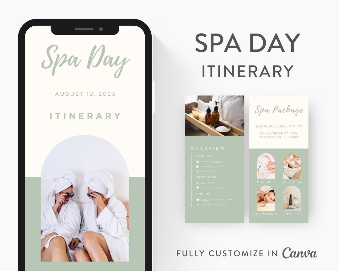 Spa Day Itinerary Template, Editable on Canva, Printable Editable ...