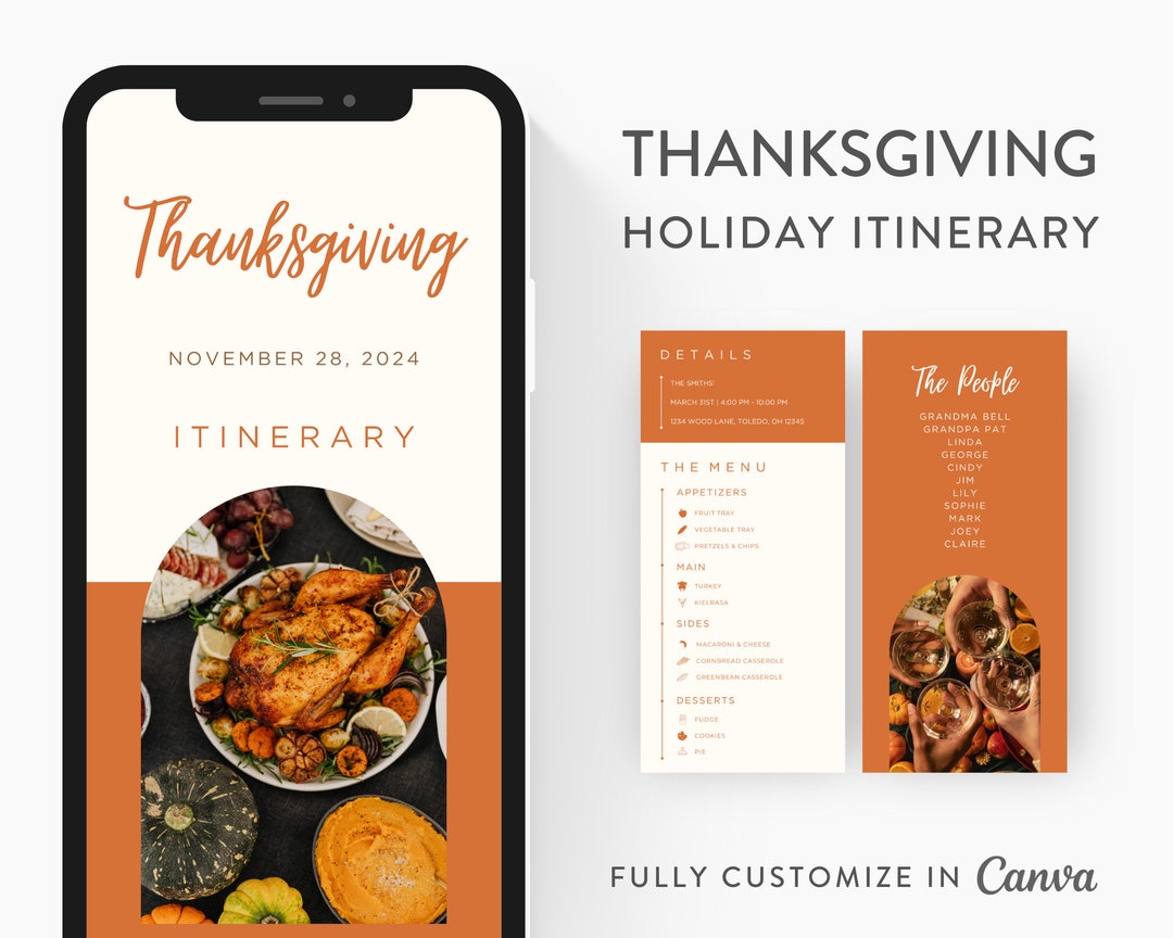 Thanksgiving Itinerary Template, Editable on Canva, Printable Editable ...
