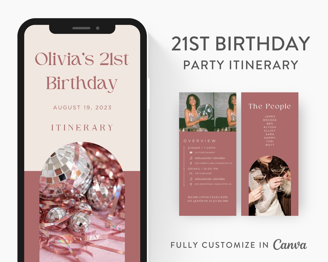 21st Birthday Itinerary Template, Editable on Canva, Printable Editable ...