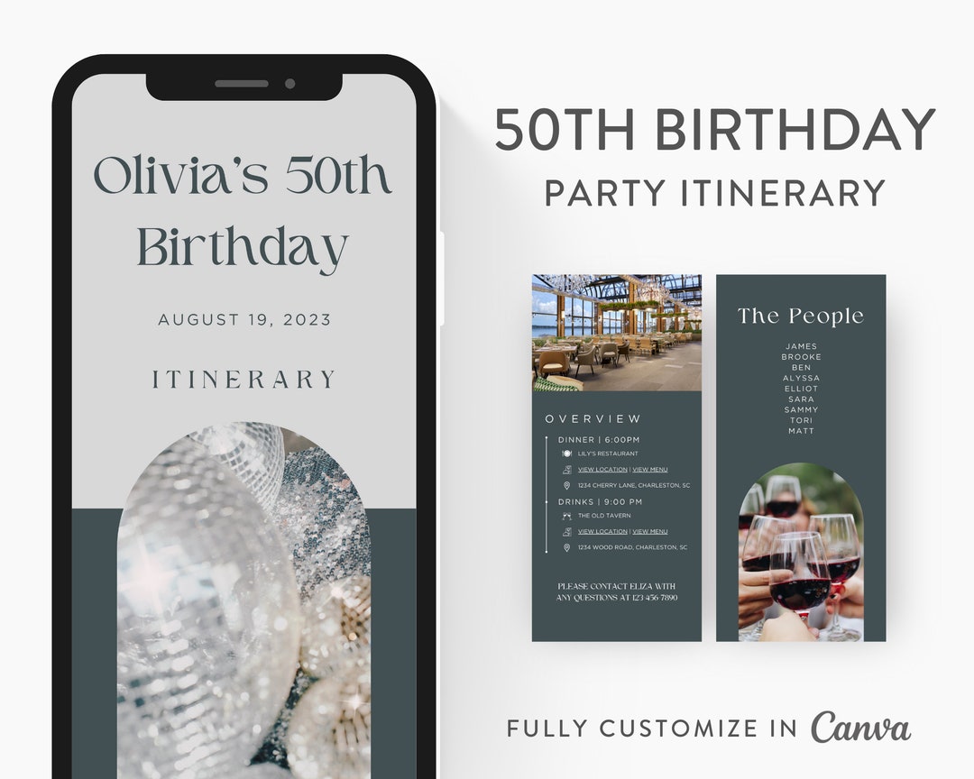 50th Birthday Itinerary Template, Editable on Canva, Printable Editable ...