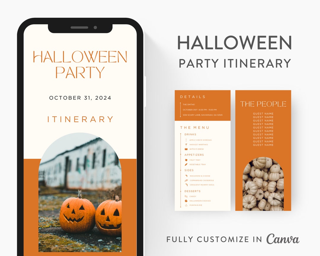 Halloween Party Itinerary Template, Editable on Canva, Printable ...