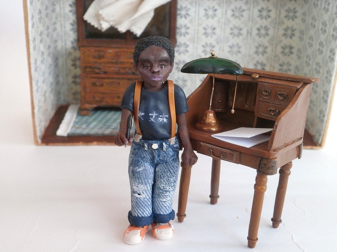 Child Shadow Box Polymer Clay Boy Doll Vintage Furniture Miniatures ...