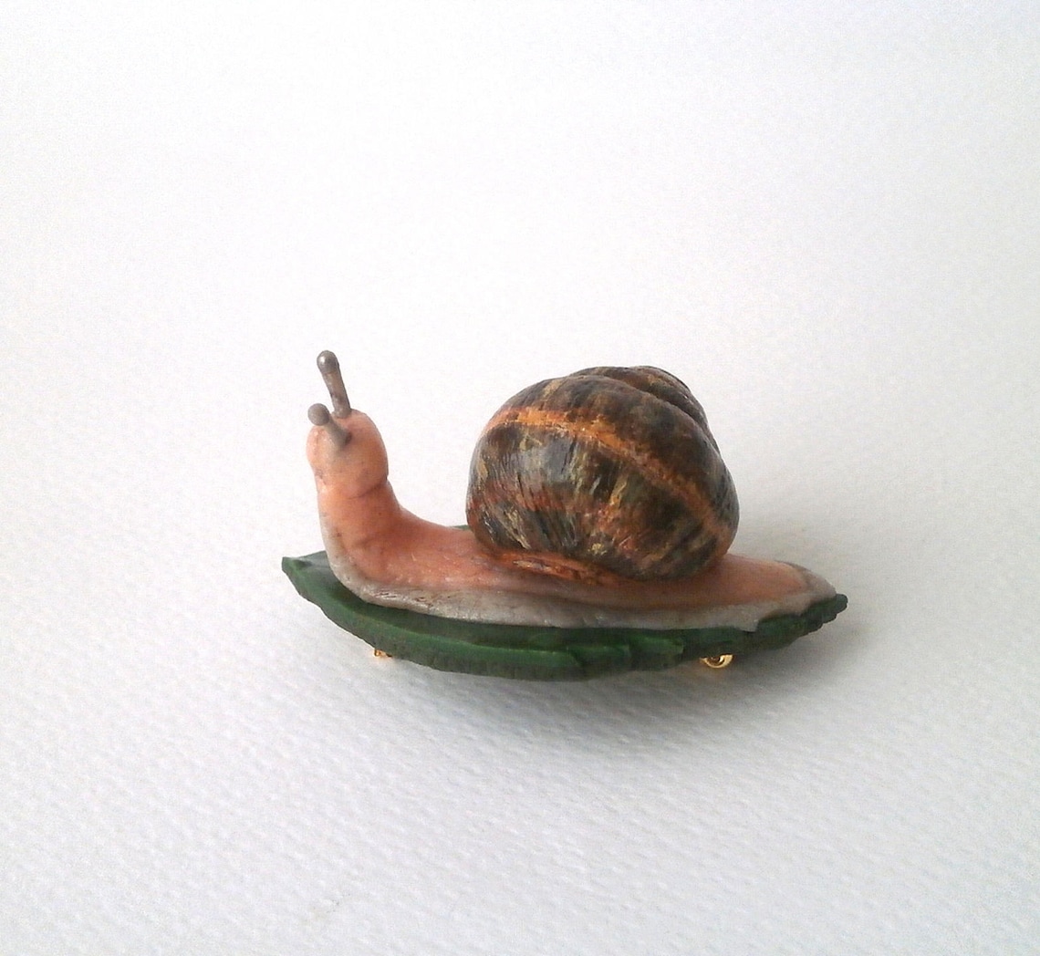 Clay Snail Brooch Realistic Snail Sculpture on Leaf Polymer - Etsy