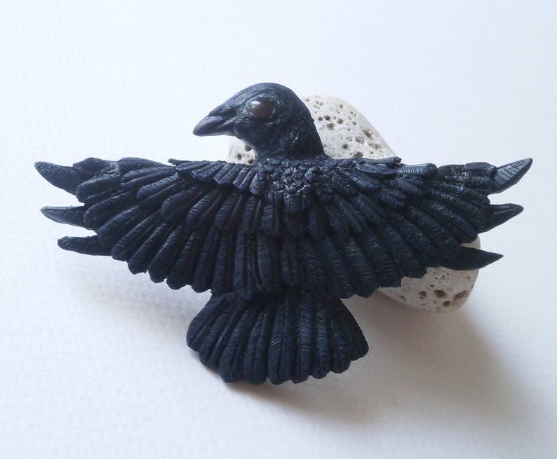 Crow Brooch, Polymer Clay Crow, Clay Raven, Crow Pin, Crow Jewelry ...