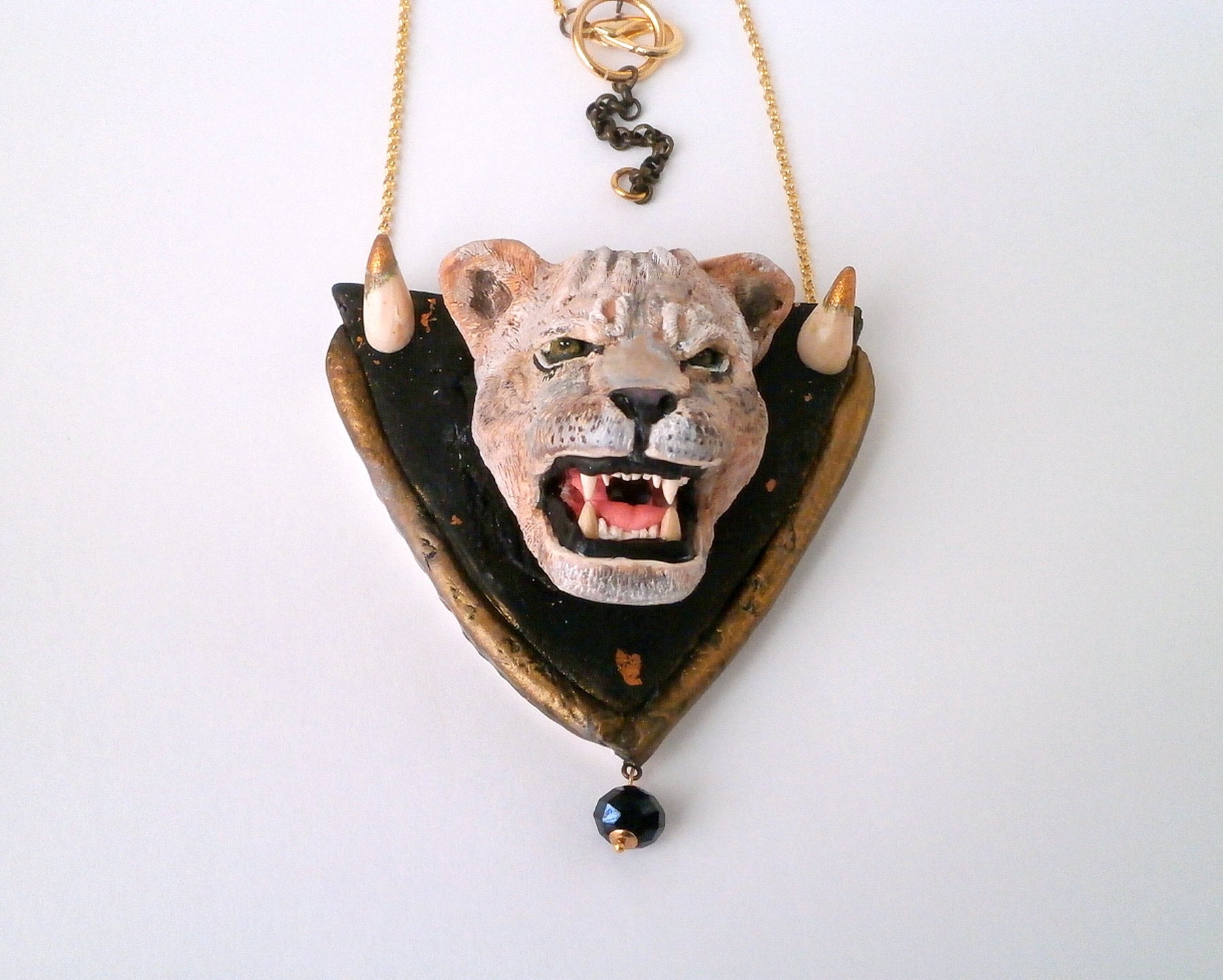 Lion Necklace, Lioness Pendant, Sculpted Polymer Clay Animal Head Open ...