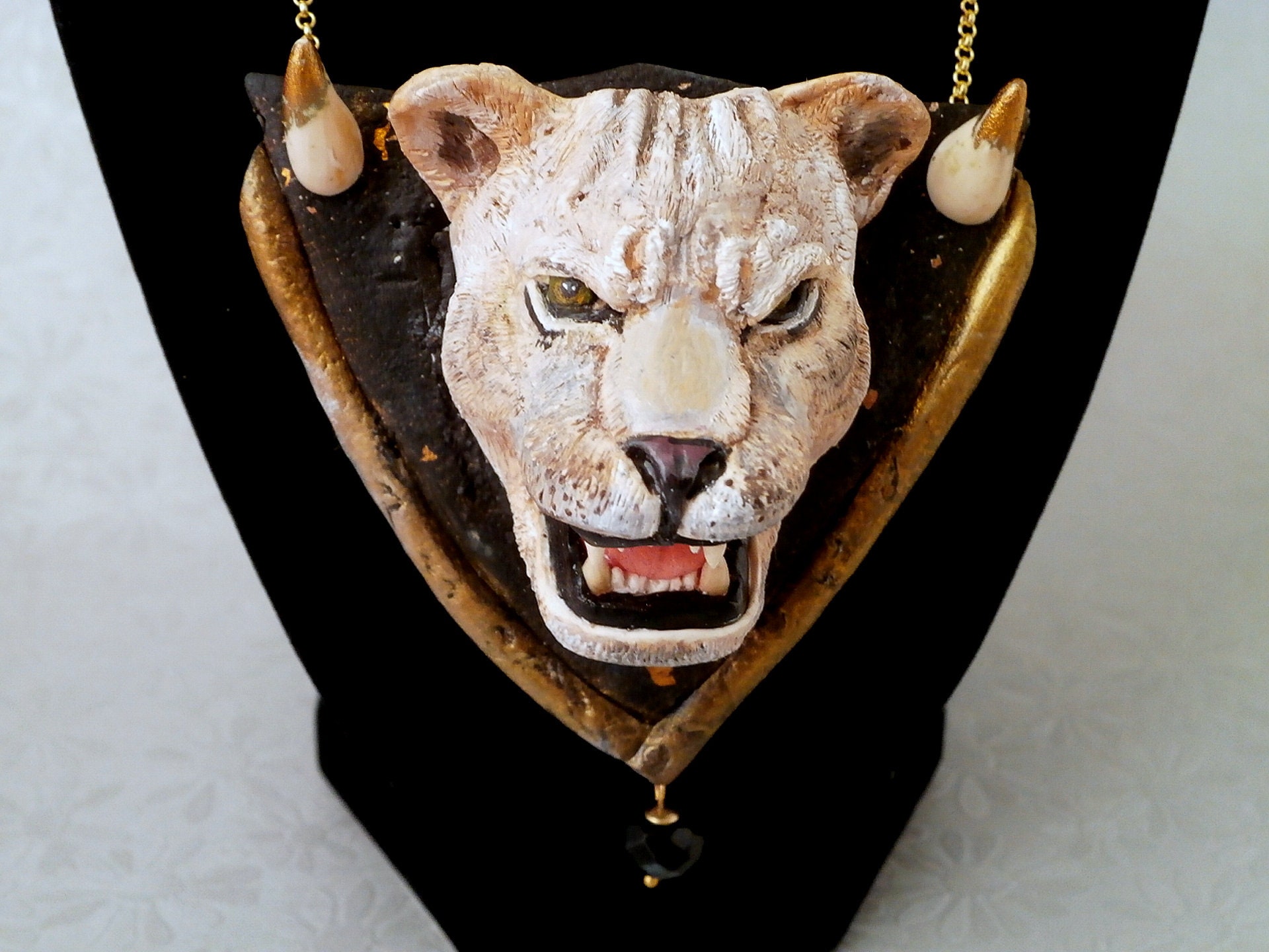 Lion Necklace, Lioness Pendant, Sculpted Polymer Clay Animal Head Open ...