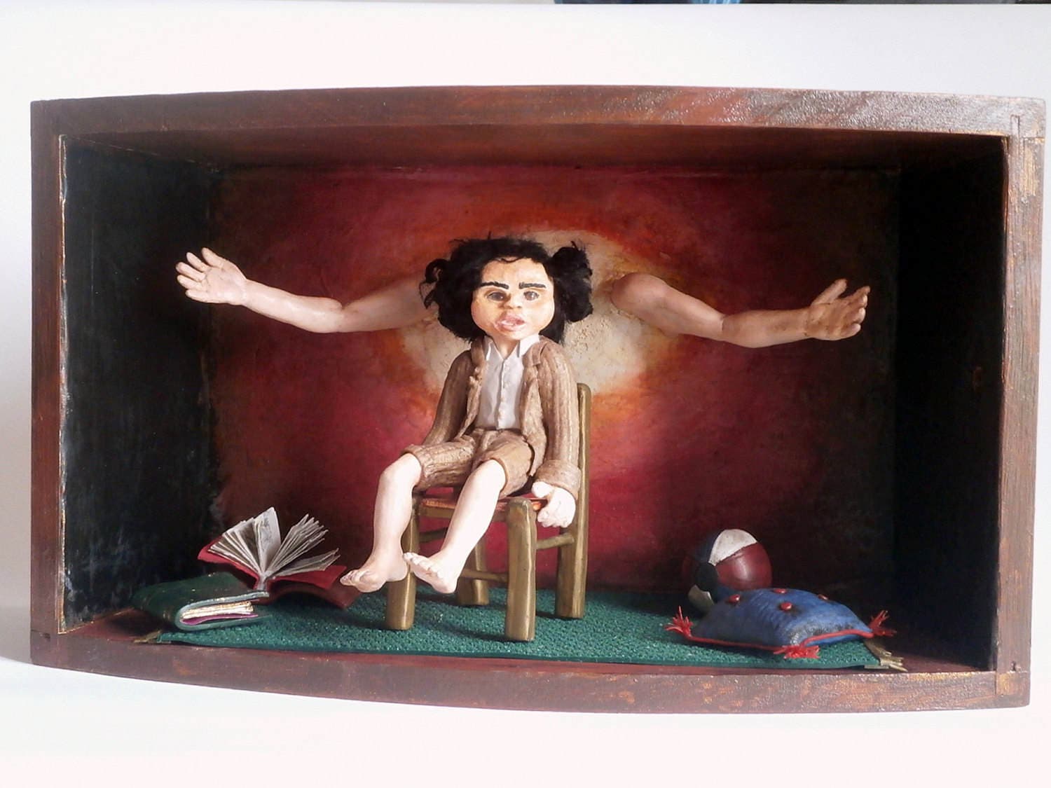 Child Shadow Box Polymer Clay Boy Doll Chair Book Miniatures Open Arms ...