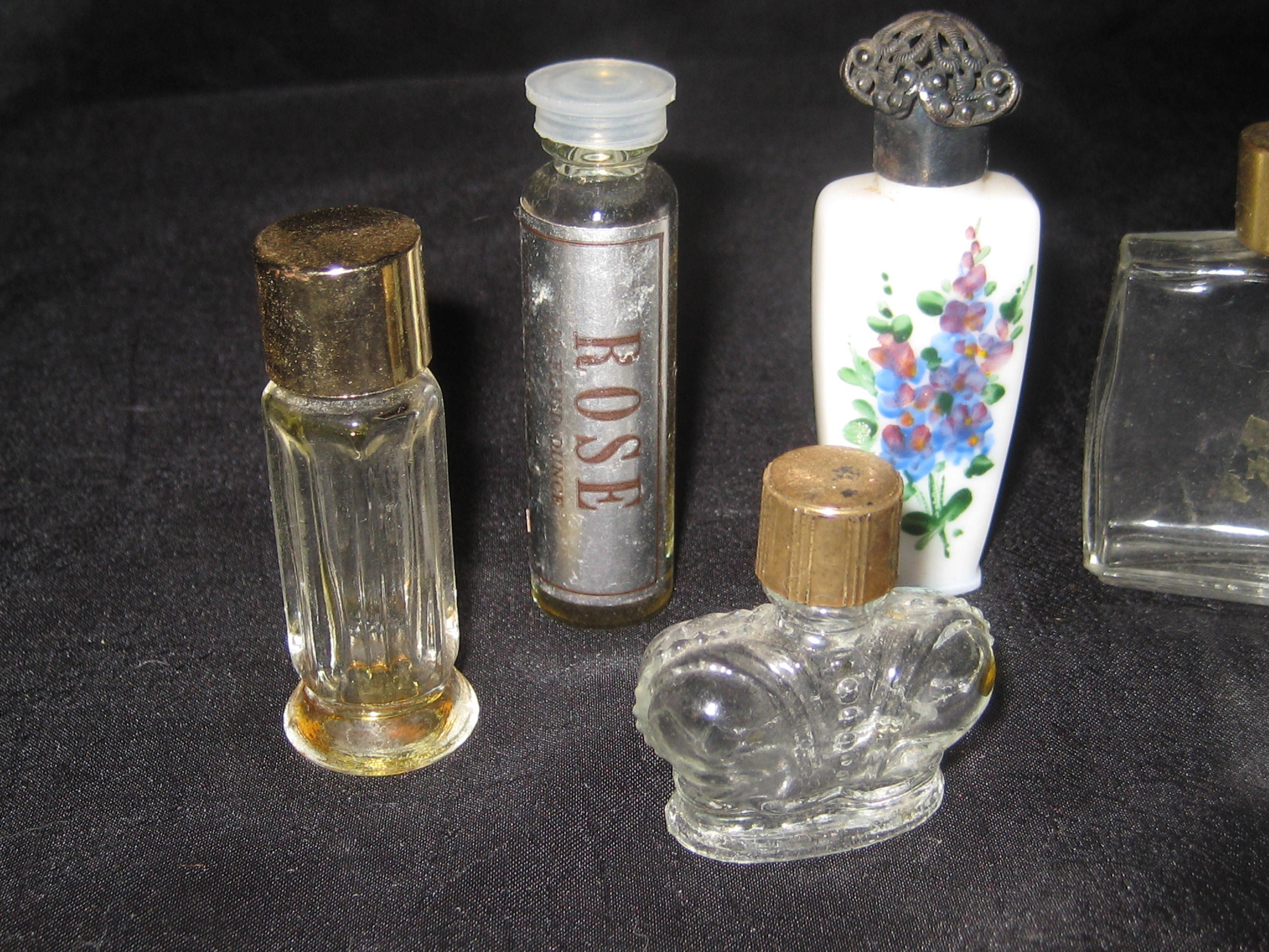 Collection of 6 Tiny Glass Perfume Bottles, Ornate White Ceramic Bottle ...