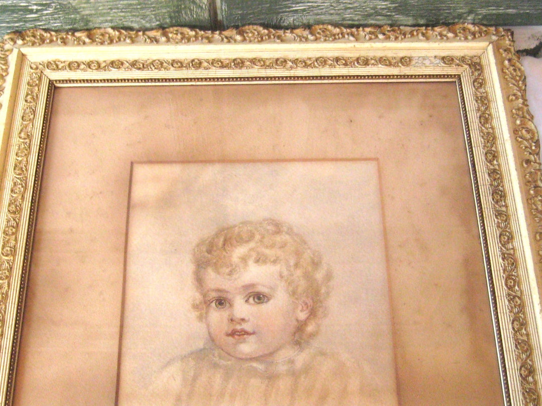 Antique Painting of a Baby, Ornate Decorative Wood and Plaster Frame ...