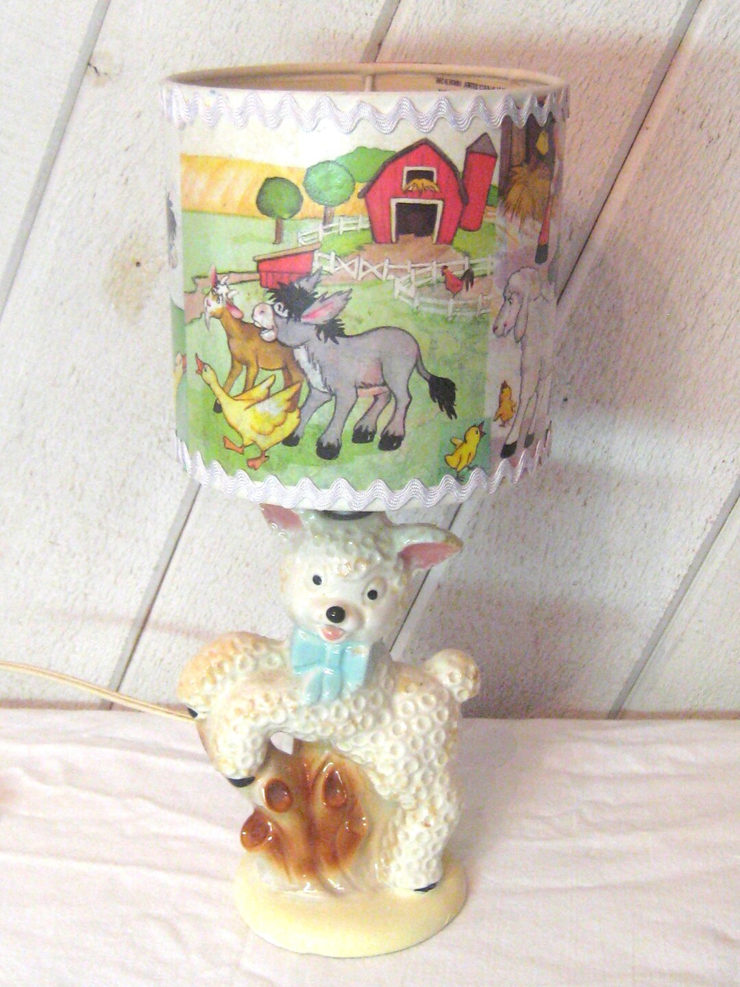 Antique Ceramic Lamb Table Lamp, Kids Childs Handmade Decoupaged Lamp ...