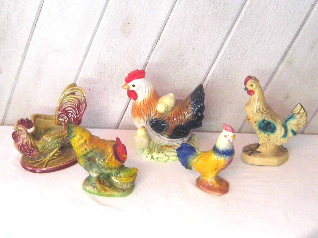 Antique Rooster Figurines Indoor Planter, Colorful Large Roosters Hens ...
