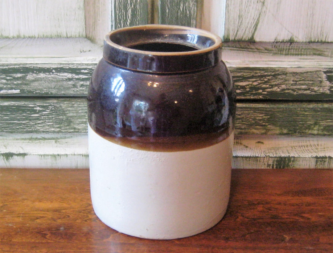 Antique Stoneware Crock, Brown Salt Glazed Light Gray Oatmeal, Rustic ...