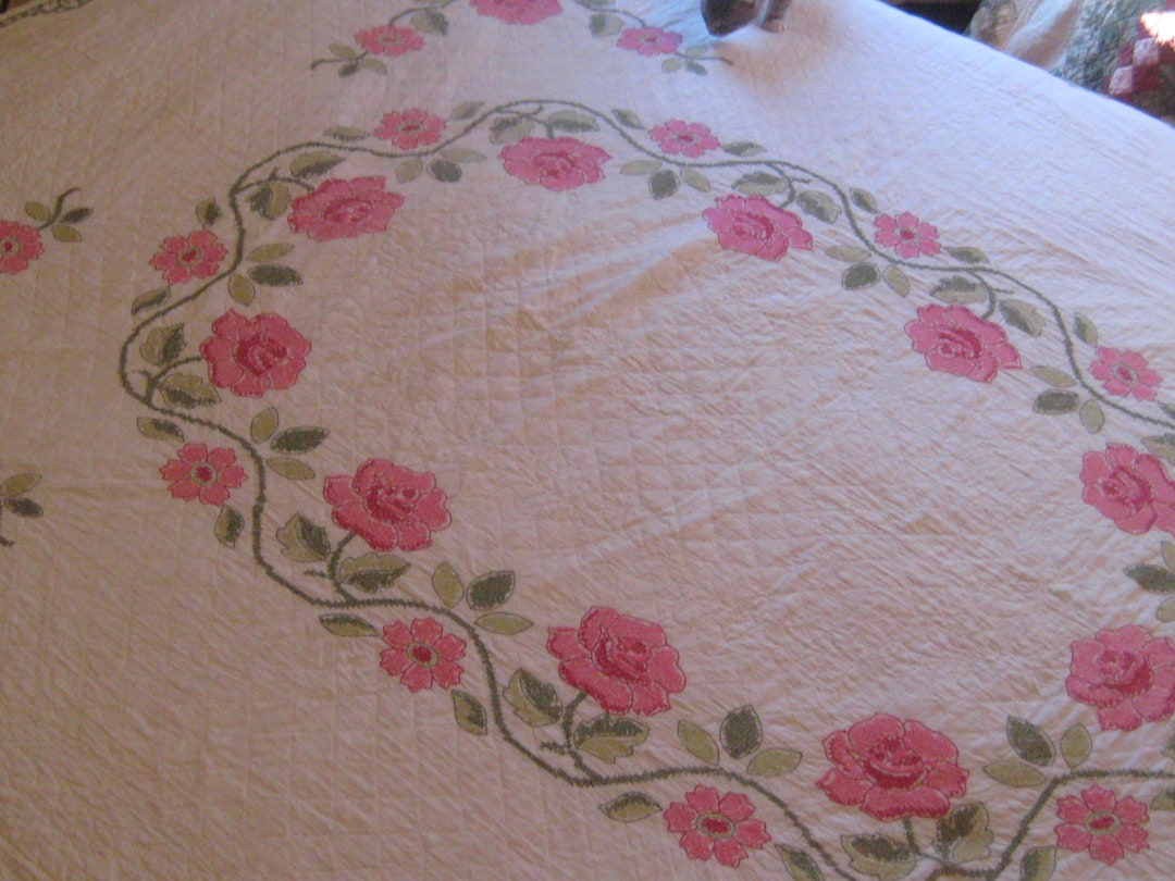 Antique Embroidered Quilt, Hand Made Stitched Sewn, Large Pink Roses ...