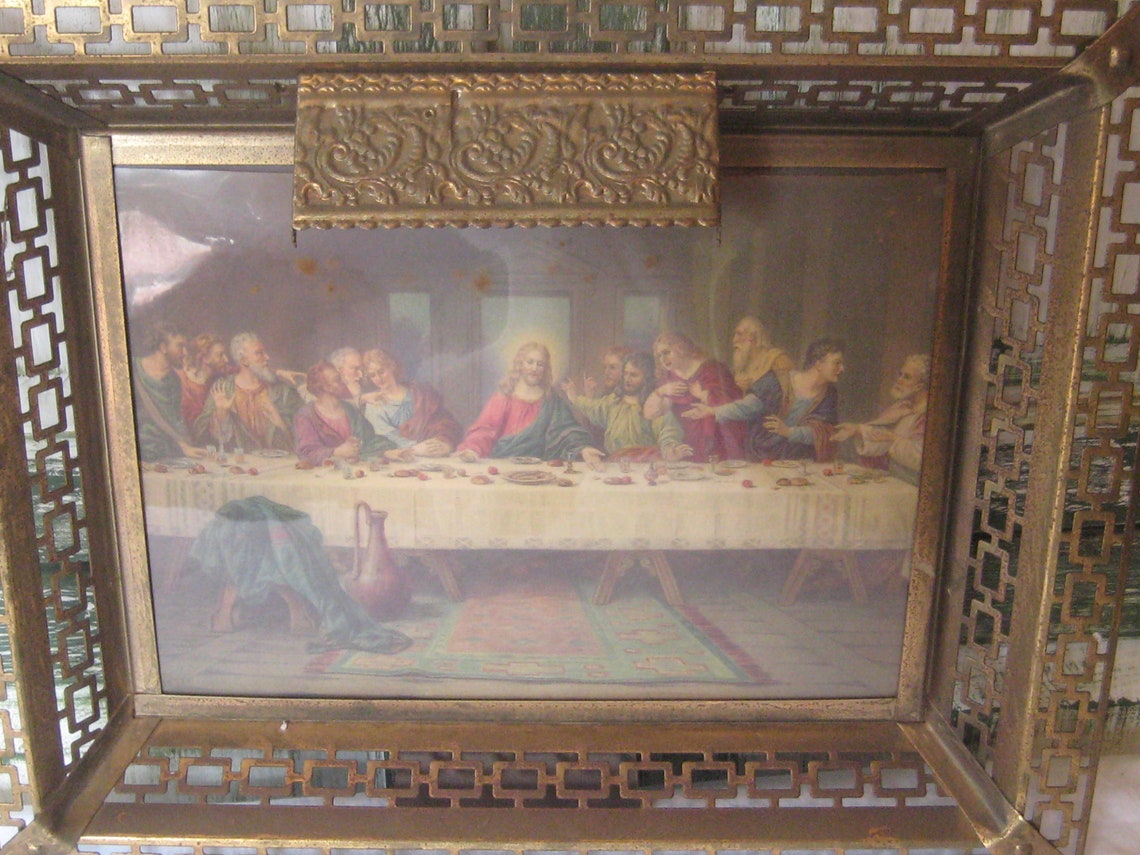 Antique framed print of Last Supper gold tin metal frame | Etsy