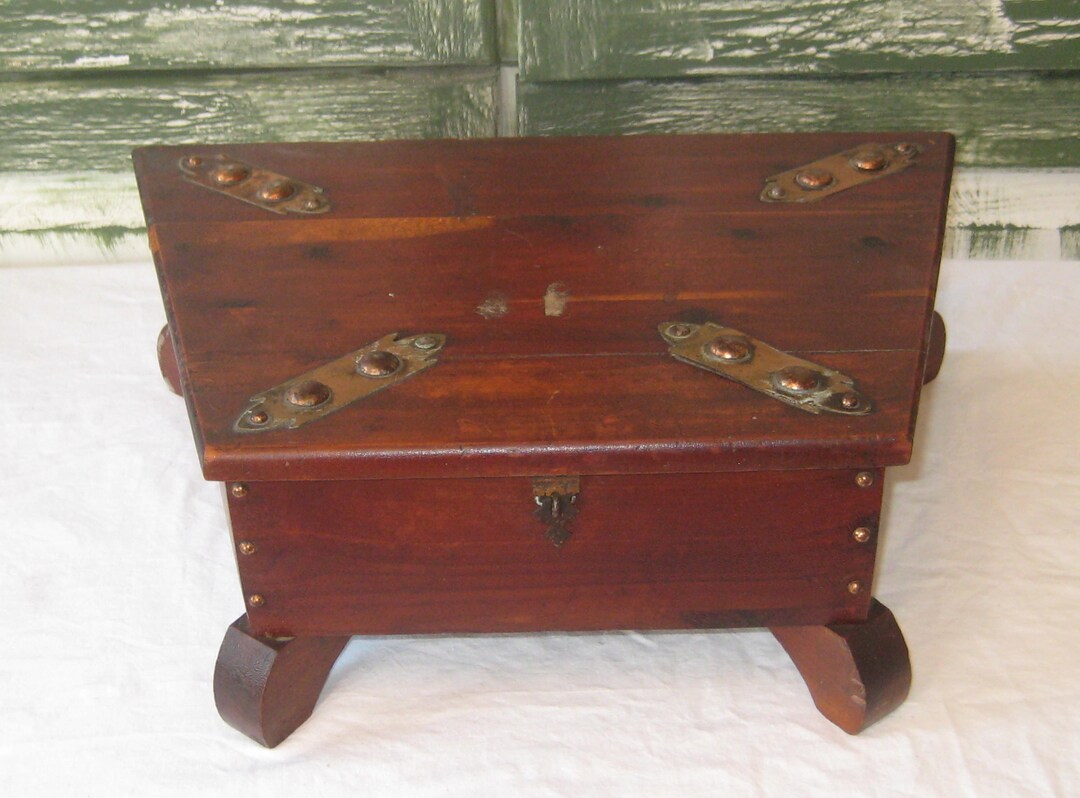 Antique Large Wood Box, Triangle Shape, Hinged Lid, Ornate Copper ...