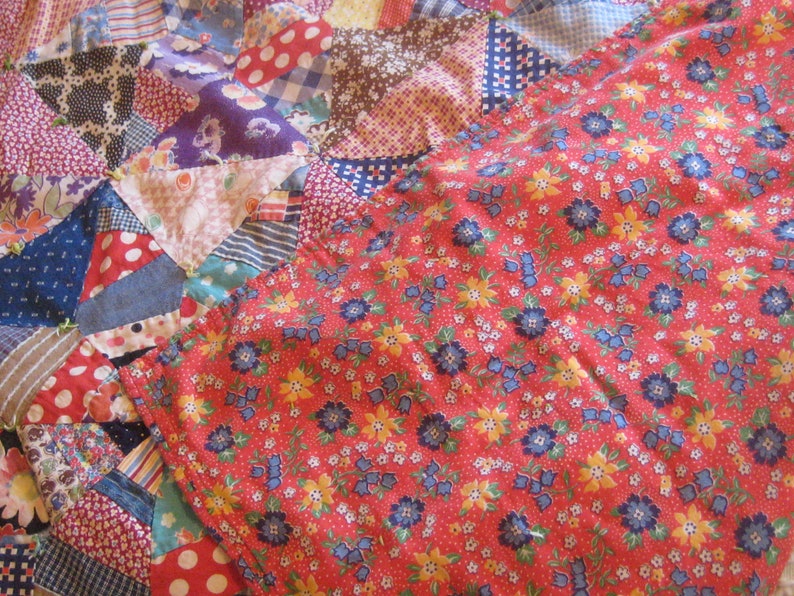 Antique Red Patchwork Quilt Vintage Hand Made Tied Colorful - Etsy
