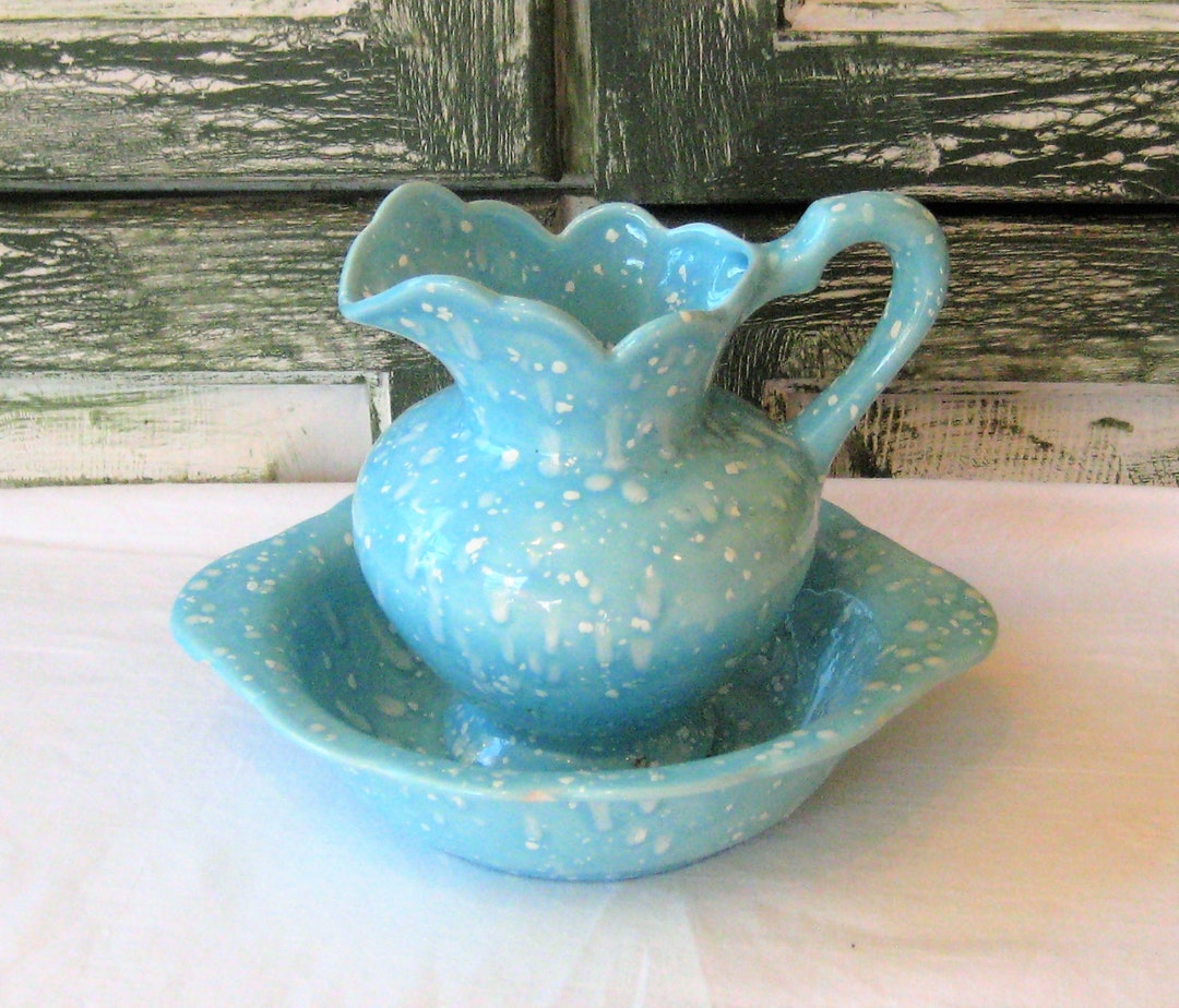 Vintage Turquoise Blue Pitcher Wash Bowl, Petite Aqua Spatterware ...