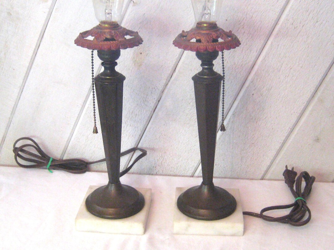 Antique Pair of Table Lamps, Art Deco Brass Lamps With Stone Base ...