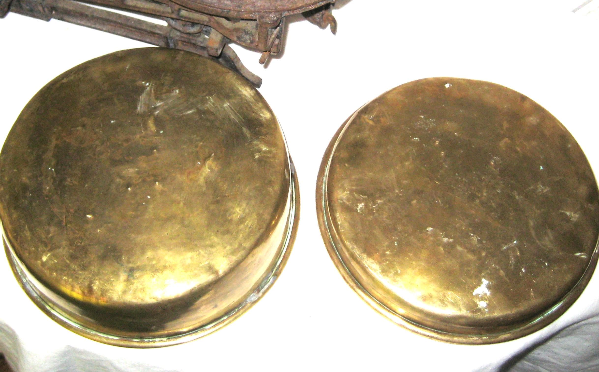 Antique Cast Iron Scales, 2 Hand Forged Brass Pans, Extra Large Brown ...