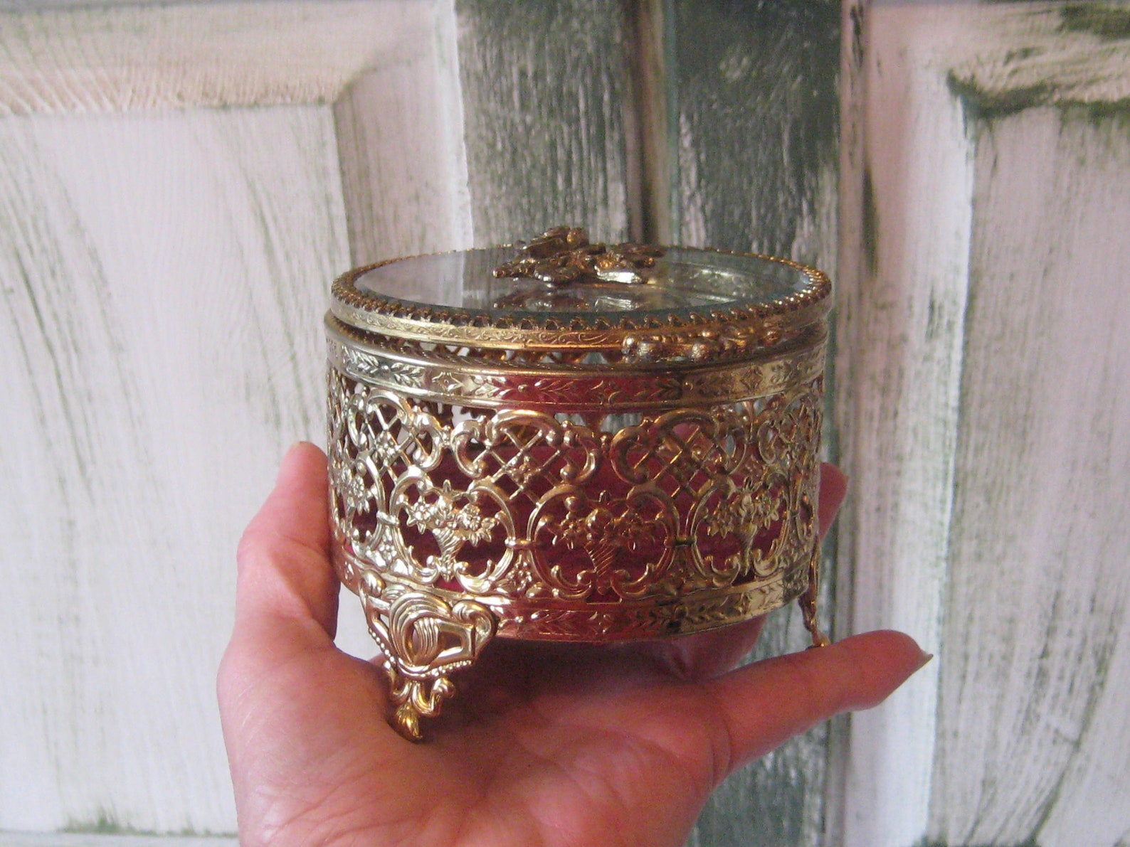 Small Round Glass Brass Metal Box Hinged Lid Ornate Filigree | Etsy