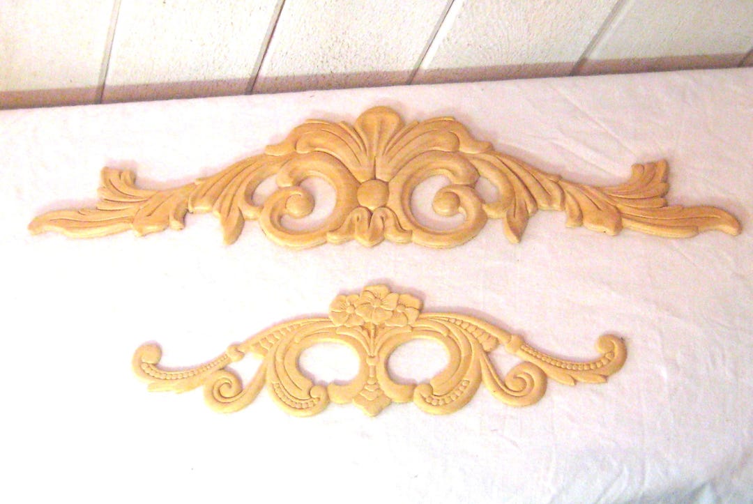 Vintage Wood Wall Pediments, Carved Beige Wood, Ornate Decorative Curvy ...