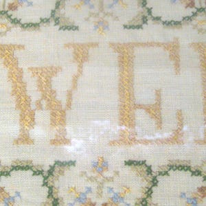 Vintage Embroidered Welcome Sign, Cross Stitch Farmed Wall Sign Beige ...