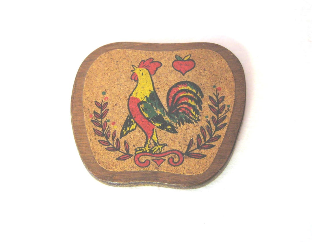 Vintage Trivet Hot Plate, Cork Brown Wood Colorful Rooster, Apple Shape ...
