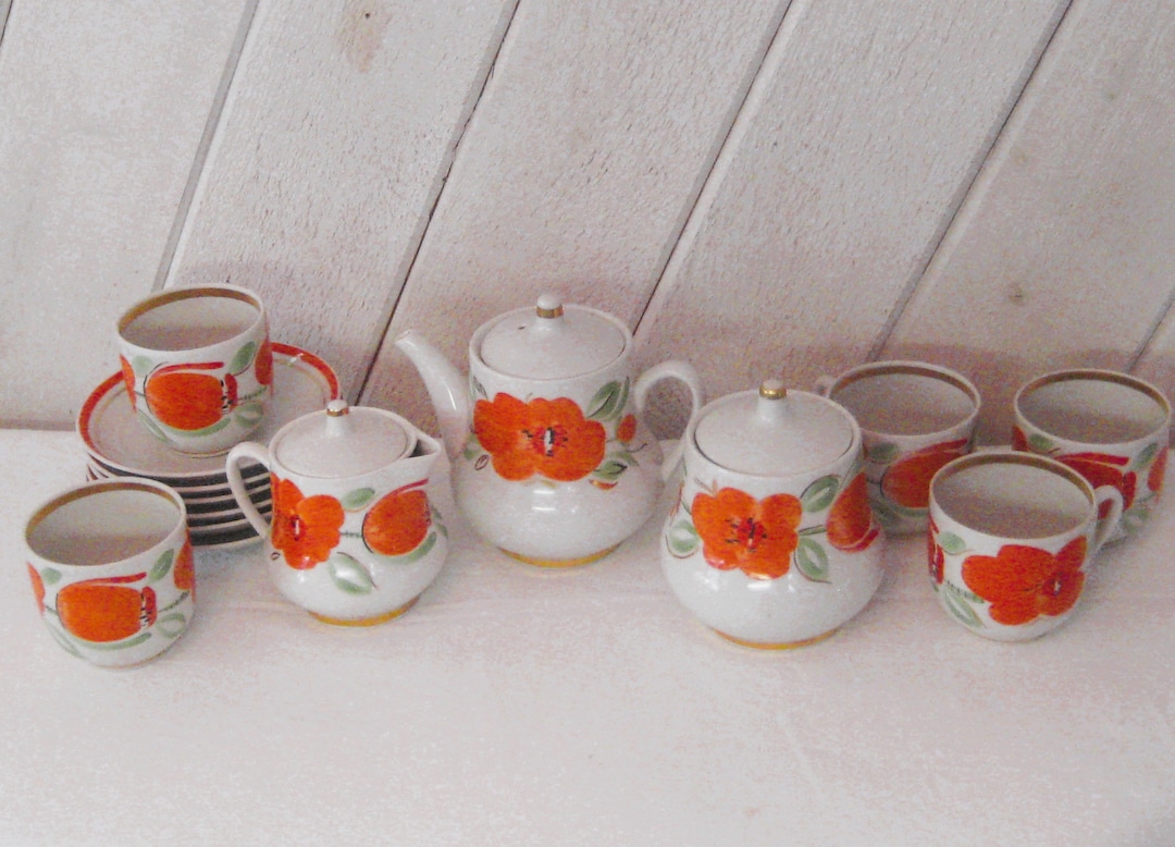 Vintage Tea Set, Teapot Creamer Sugar Cups Saucers, 80s 90s Made in ...